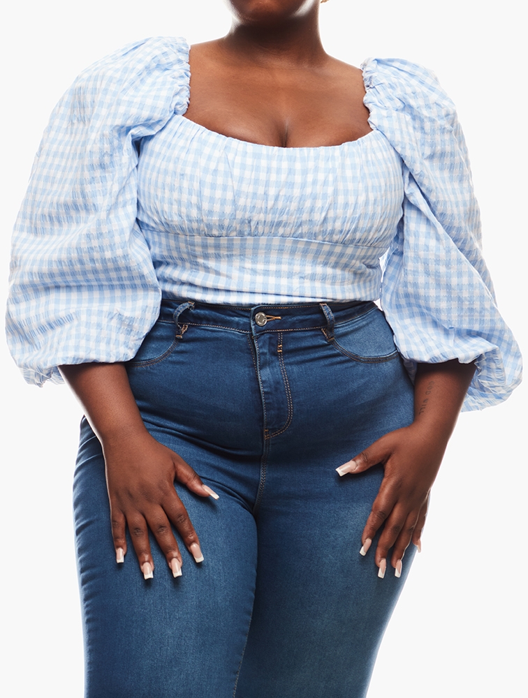 MyRunway | Shop Forever New Blue Check Puff Sleeve Top for Women from MyRunway.co.za